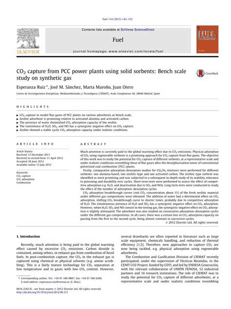 Pdf Co2 Capture From Pcc Power Plants Using Solid Sorbents Bench