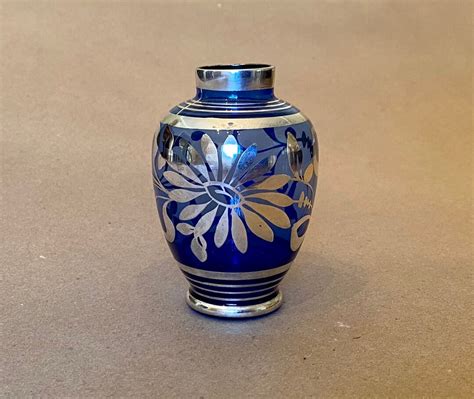 Vintage Cobalt Blue Glass Silver Overlay Mini Vase Etsy