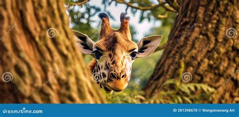 Funny Shy Giraffe Hiding And Peeking Out From Behind A Tree Generative