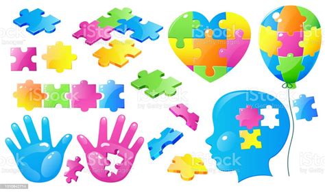 설정 자폐증 세계 일 인식 퍼즐 조각 자폐증에 대한 스톡 벡터 아트 및 기타 이미지 자폐증 하트 모양 파란색 Istock