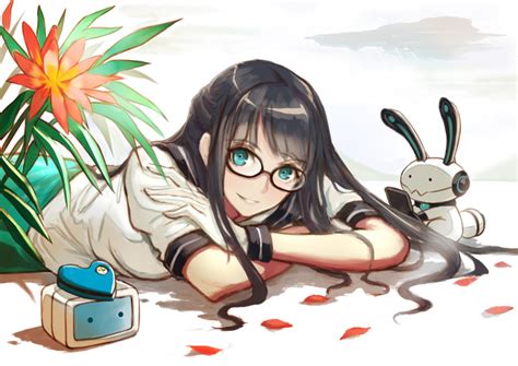 Safebooru 1girl Absurdres Black Hair Blue Eyes Breast Press Flower