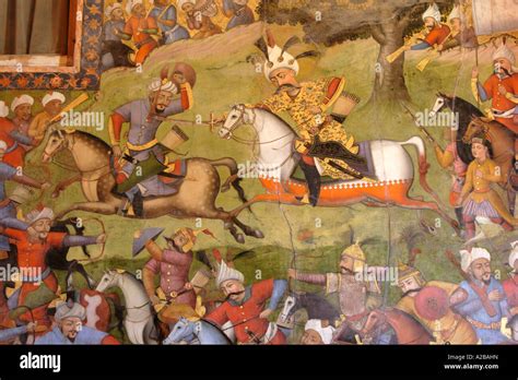Fresco At Chehel Sotoun Palace Showing The Battle Between Shah Esmaeel Safavid And Sheibak Khan