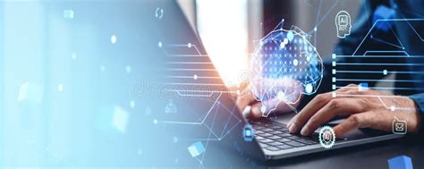 Man Hands Typing on Laptop, Glowing Ai Brain Hologram and Icons Stock ...