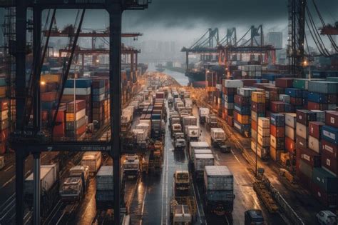 Premium AI Image Busy Port Scene Unloading Of Ships Movement Of