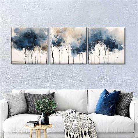 Blue And Beige Treeline Wall Art Tree Line Art Room Wall Art T