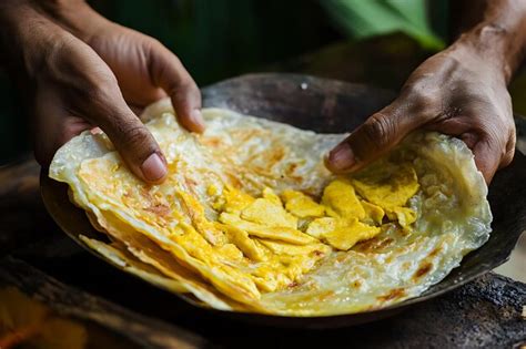 Closeup Of Hands Holding A Delicious Flatbread With Egg Filling