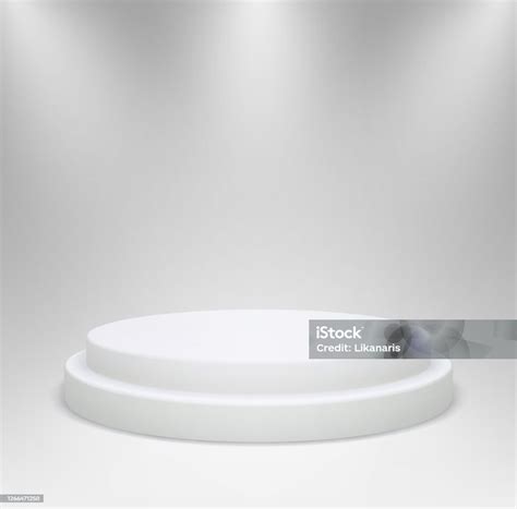 스튜디오 조명에서 현실적인 흰색 라운드 연단 회색 배경에 제품 쇼케이스를위한 3d 받침대 또는 플랫폼 야구 플레이트에 대한 스톡 벡터 아트 및 기타 이미지 Istock