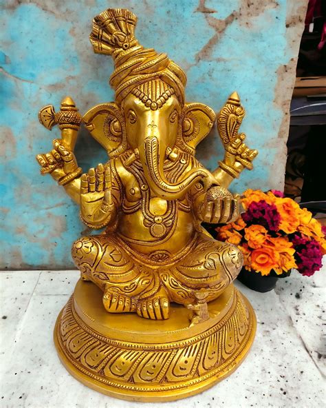 Brass Lord Ganesh Idol For Good Luck Statue Idol 12 Inch Golden