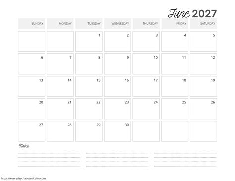 Printable June 2027 Calendars