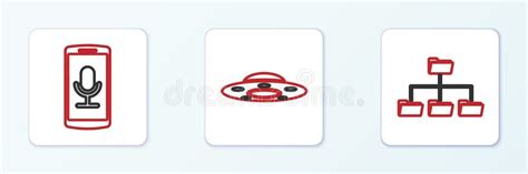 Set Line Folder Tree Mobile Recording And Ufo Flying Spaceship Icon Vector Stock Illustration