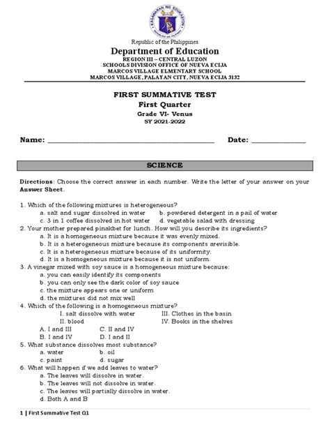 Summative Test 1 Q1 Download Free Pdf Mixture Trees