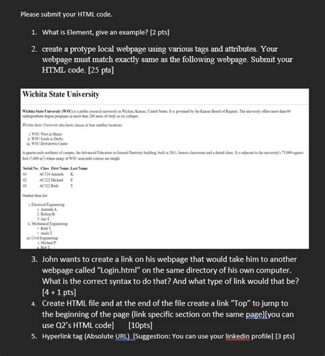 Solved Please Submit Your Html Code What Is Element Chegg