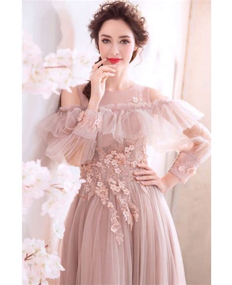 Gorgeous Nude Pink Flowy Tulle Long Prom Dress With Long Sleeves