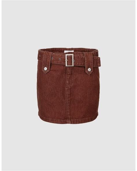 Urban Revivo Belted Mini Denim Skirt In Brown Red Lyst