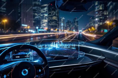 헤드업 디스플레이 Hud를 사용하는 현대 스마트 자동차 기술 지능형 시스템 그래픽 센서 레이더 신호 시스템 지능형 자동차를 갖춘 도시 도로의 자율 주행 모드 차량 프리미엄 사진