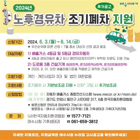 2024년 노후경유차 조기폐차 지원금 받고 새차 구입 지원금 받고 추가 공고 전라남도 여수시 웰로
