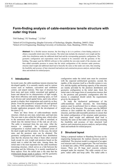 Pdf Form Finding Analysis Of Cable Membrane Tensile Structure With Outer Ring Truss