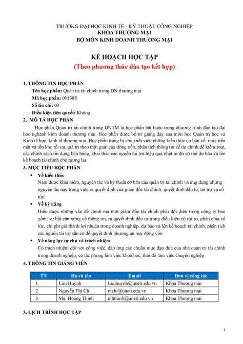 Kế hoạch học tập môn QTTC trong DNTM Blended Learning TRƯỜNG ĐẠI HỌC KINH TẾ KỸ THUẬT CÔNG