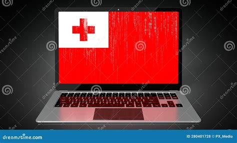 Tonga Country Flag And Binary Code On Laptop Screen Stock Illustration Illustration Of