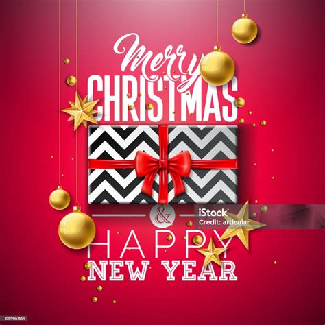 메리 크리스마스 선물 상자 골드 유리 공 스타와 빨간 배경에 인쇄 술 요소 그림 전단 인사말 카드 배너 축 하 포스터 또는 파티 초대에 대 한 벡터 휴가 디자인 12월에