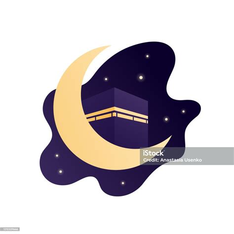 이슬람 하지 순례 개념입니다 벡터 플랫 일러스트레이션입니다 밤 하늘 배경에 카바 거룩한 사이트와 금 초승달 배너 포스터 클립