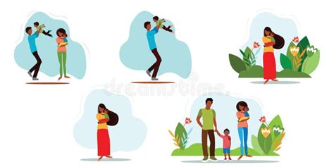 Familia Negra Feliz Plana Con Niños Ilustración Vectorial Mamá Papá Y