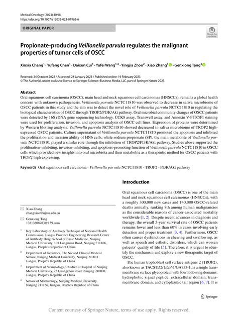 Propionate Producing Veillonella Parvula Regulates The Malignant