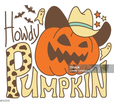 호박 카우보이 할로윈 컬러 벡터 인쇄 가능한 일러스트레이션 하얀 배경에 고립 된 하우디한 텍스트와 유령이있는 카우보이 모자를 쓴 할로윈 오렌지 호박 10월에 대한 스톡 벡터