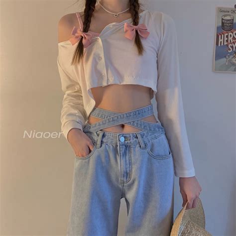 กางเกงยีนขากว้าง เอวสูง เข้ารูป แต่งลูกไม้ สีฟ้าอ่อน ขนาดเล็ก Shopee