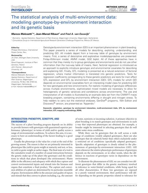 Pdf The Statistical Analysis Of Multi Environment Data Modeling