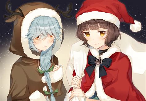 2girls Anthropomorphism Aqua Hair Blush Bow Braids Brown Eyes Brown