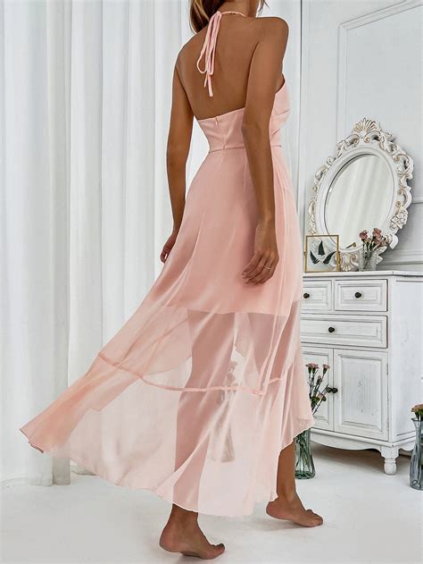 Tie Backless Ruffle Trim Wrap Chiffon Halter Dress Shein