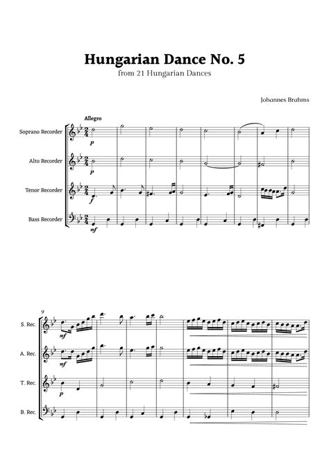 Hungarian Dance No 5 By Brahms For Recorder Ensemble Quartet Arr