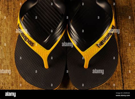 Flipflop Top View Wodden Table Stock Photo Alamy