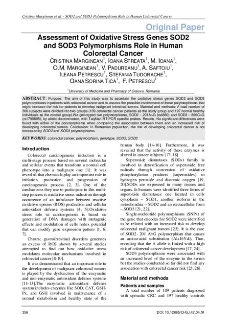 Pdf Assessment Of Oxidative Stress Genes Sod2 And Sod3 Polymorphisms