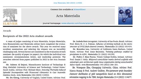 喜报我院博士毕业生朱万全荣获2022 Acta学生奖！ 材料科学与工程学院 重庆大学