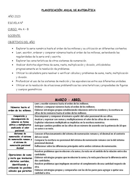 Planificacion Anual Matematica 4to Pdf Números Sustracción
