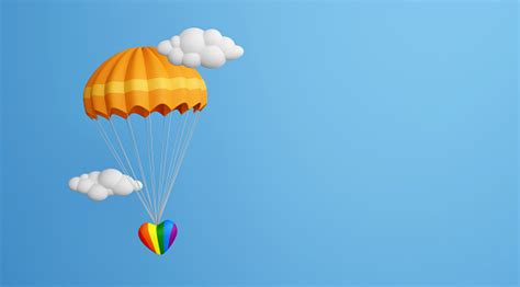 푸른 하늘 배경과 복사 공간이있는 구름 사이에 낙하산이있는 Heart Lgbtq 0명에 대한 스톡 사진 및 기타 이미지 0명