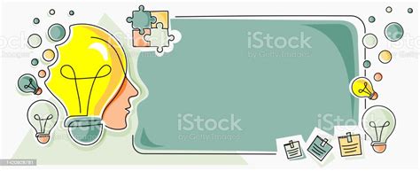 전구와 퍼즐 조각을 가진 남자는 새로운 아이디어를 생각하는 주위에 있습니다 사업가 추론 프리젠 테이션 보드에 중요한 정보 임원이
