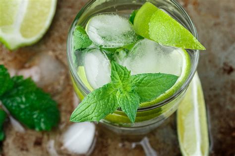 모 히 토 칵테일 또는 라임 민트와 얼음 조각으로 레모네이드 전통적인 여름 음료 상쾌입니다 선택적 초점 Gin Tonic에 대한