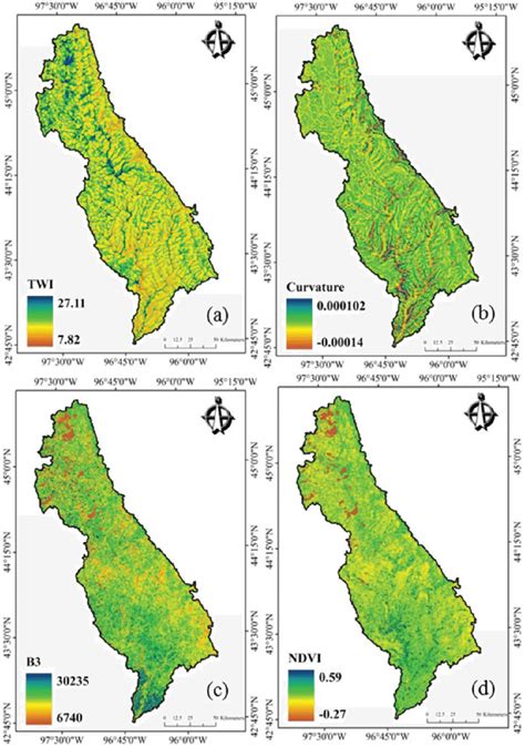 spatial distribution of four auxiliary variables including a wetness