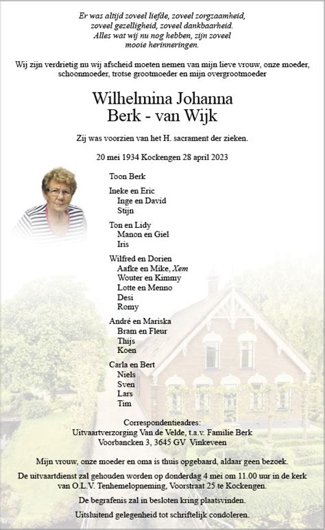 Overleden Wilhelmina Johanna Berk Van Wijk 20 05 1934 28 04 2023