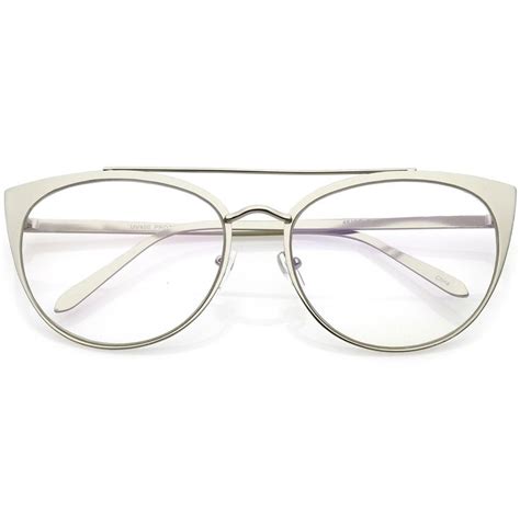 Womens Oversize Metal Cat Eye Glasses Crossbar Round Clear Flat Lens