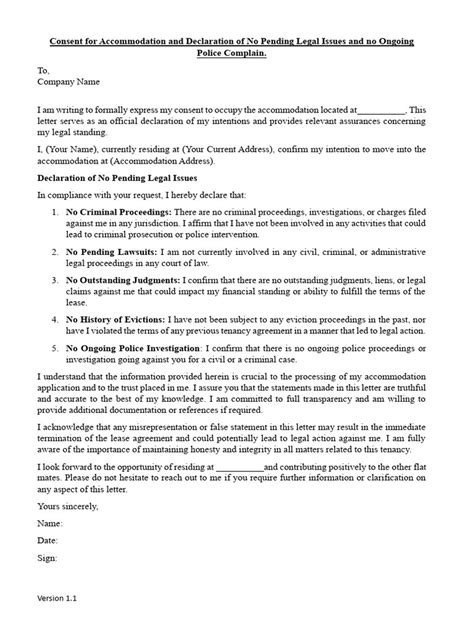 Consent For Accommodation And Declaration Of No Pending Legal Issues