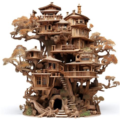 Premium Ai Image Wooden Houses In The Form Of A Tree On A White
