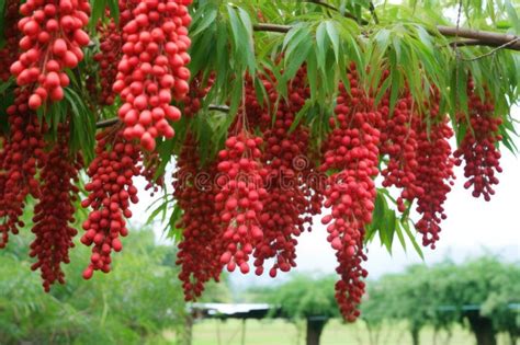 A Lychee Tree Full Of Hanging Bright Red Clusters Stock Illustration