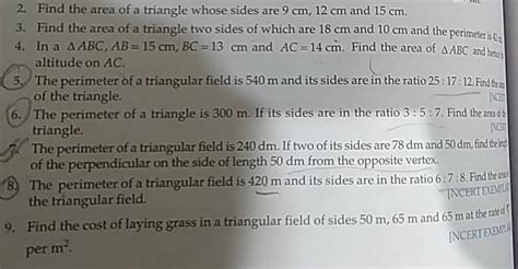 2 Find The Area Of A Triangle Whose Sides Are 9 Cm 12 Cm And 15 Cm 3 F