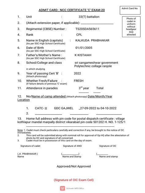 Admit Card Form C Cert Exam Pdf