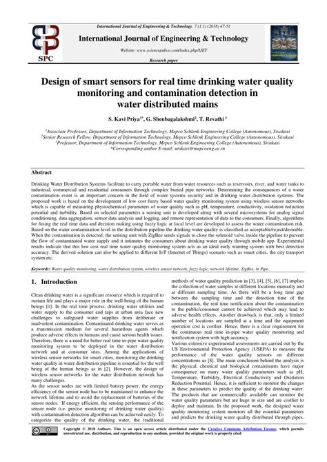 Pdf Design Of Smart Sensors For Real Time Drinking Water Quality Monitoring And Contamination