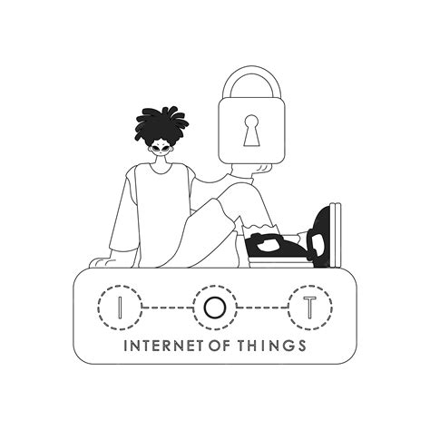 선으로 그린 그림에서 Iot 데이터에 대한 보안을 관리하는 잠금 장치가 있는 사람 프리미엄 벡터